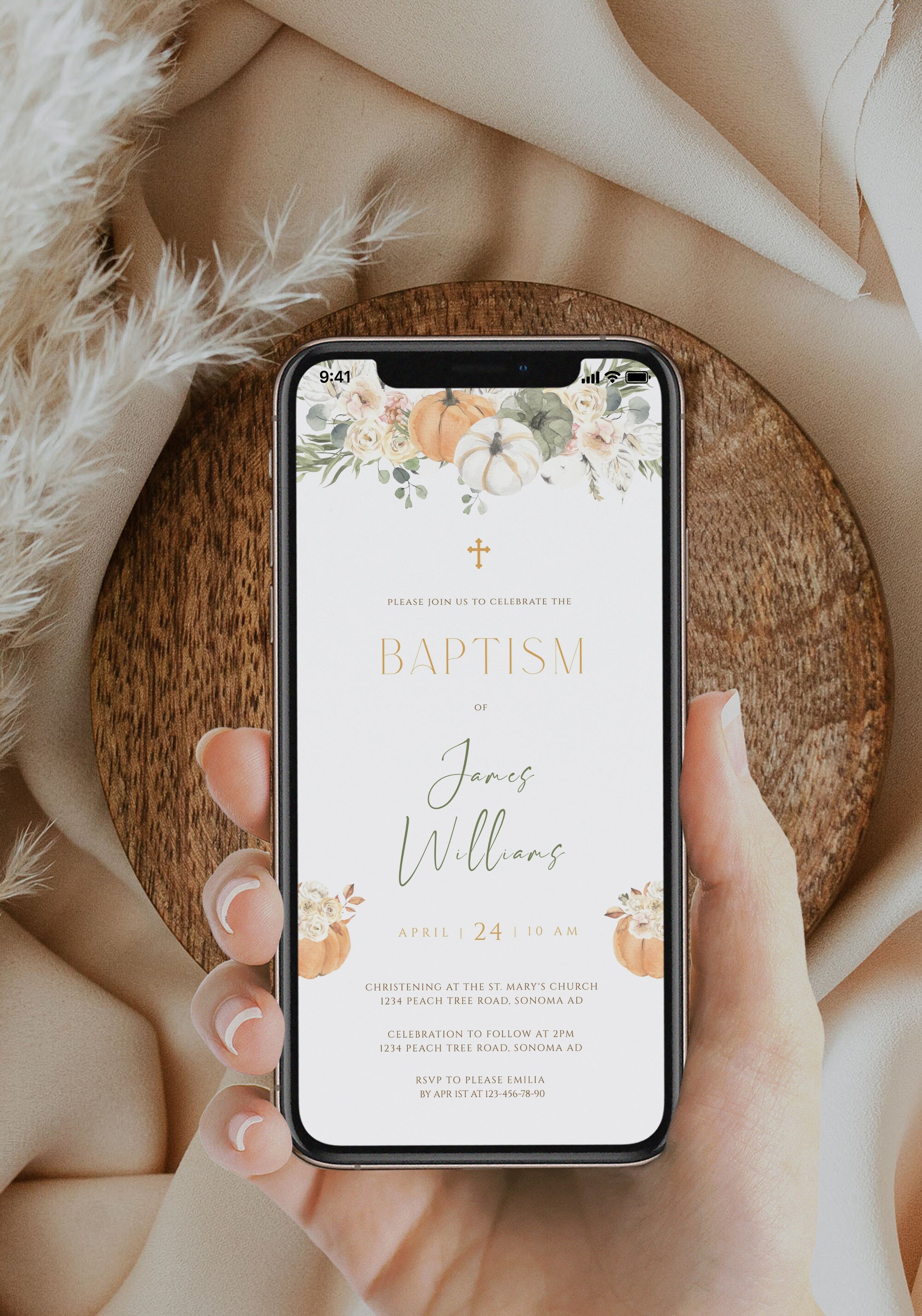 Digital Fall Baptism Invitation Template, Autumn Colored Pumpkins ...