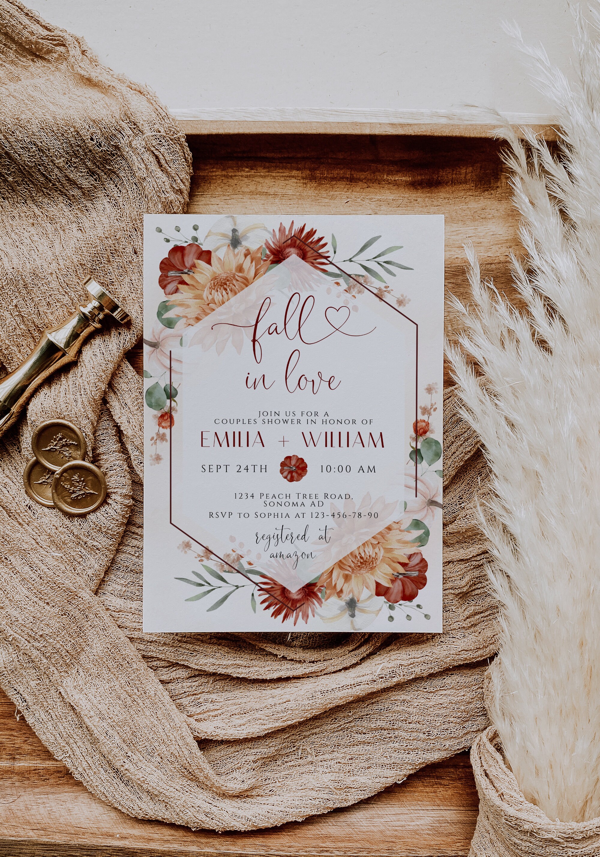 Fall in Love Bridal Party Invite, Autumn Burnt Orange Flowers Editable ...