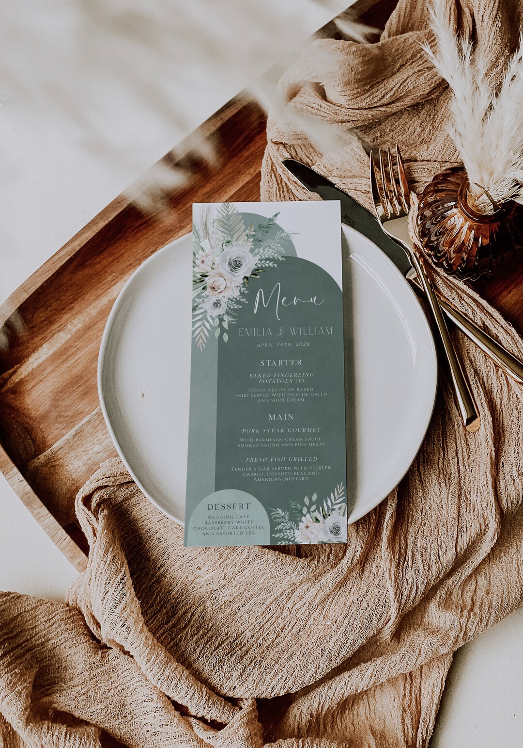 White Roses and Pampas Grass Wedding Menu Template, Two Arch Boho Sage ...