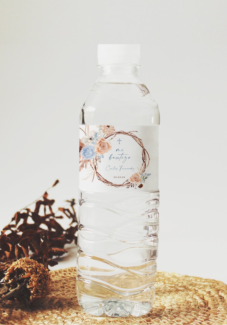 Bohemian Water Bottle Labels Template With Blue Beige Flowers Baptism ...