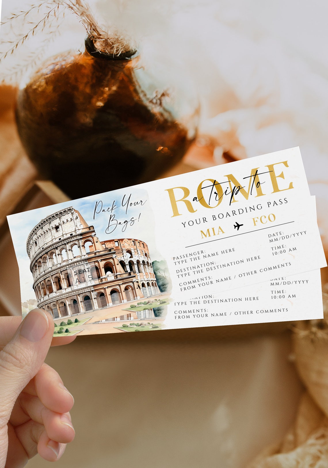 Surprise Trip Rome Ticket Template, Pack You Bagg to Rome, Travel Gift ...