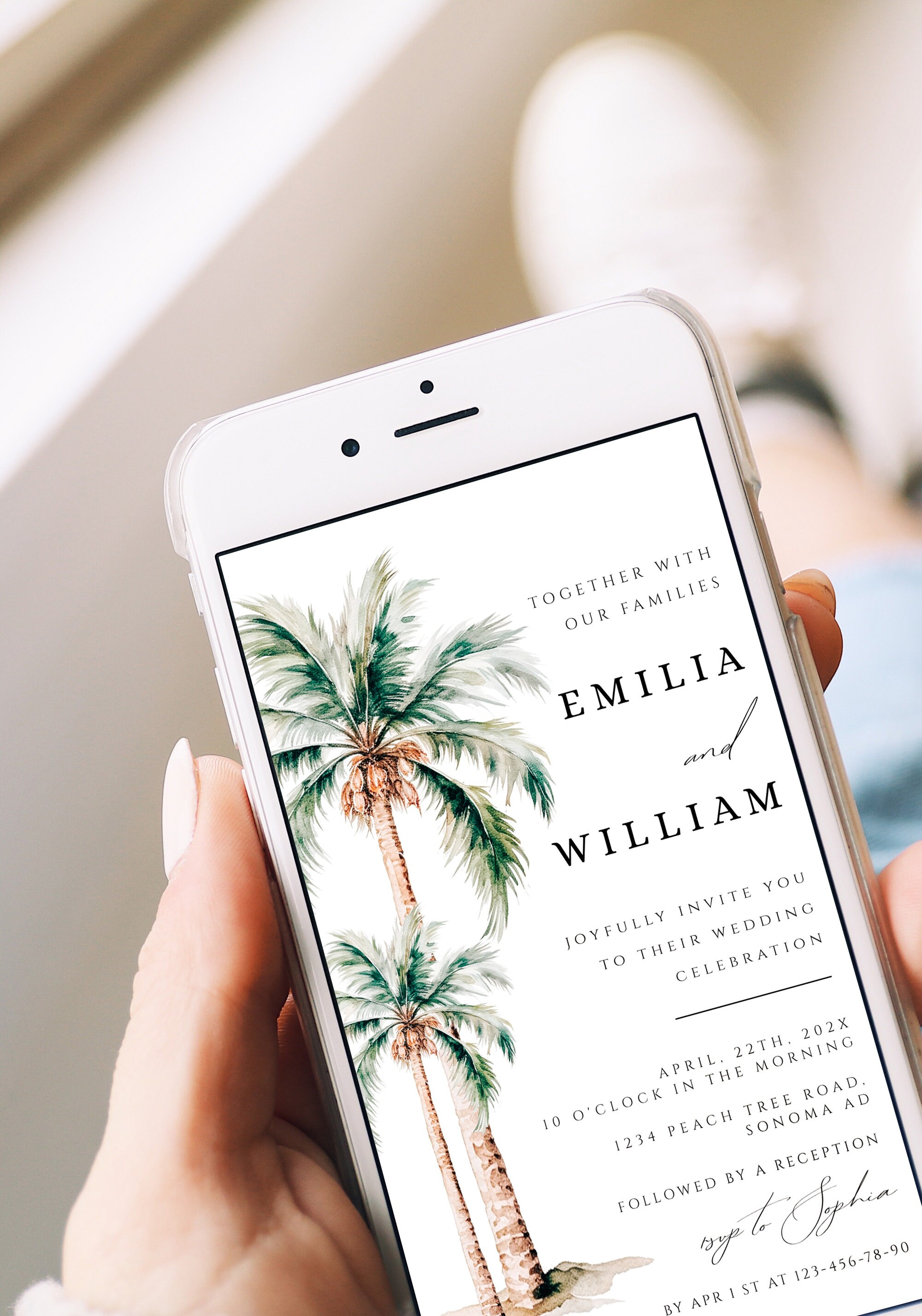 Electronic Tropical Wedding Invitation Template, Palm Trees Wedding ...
