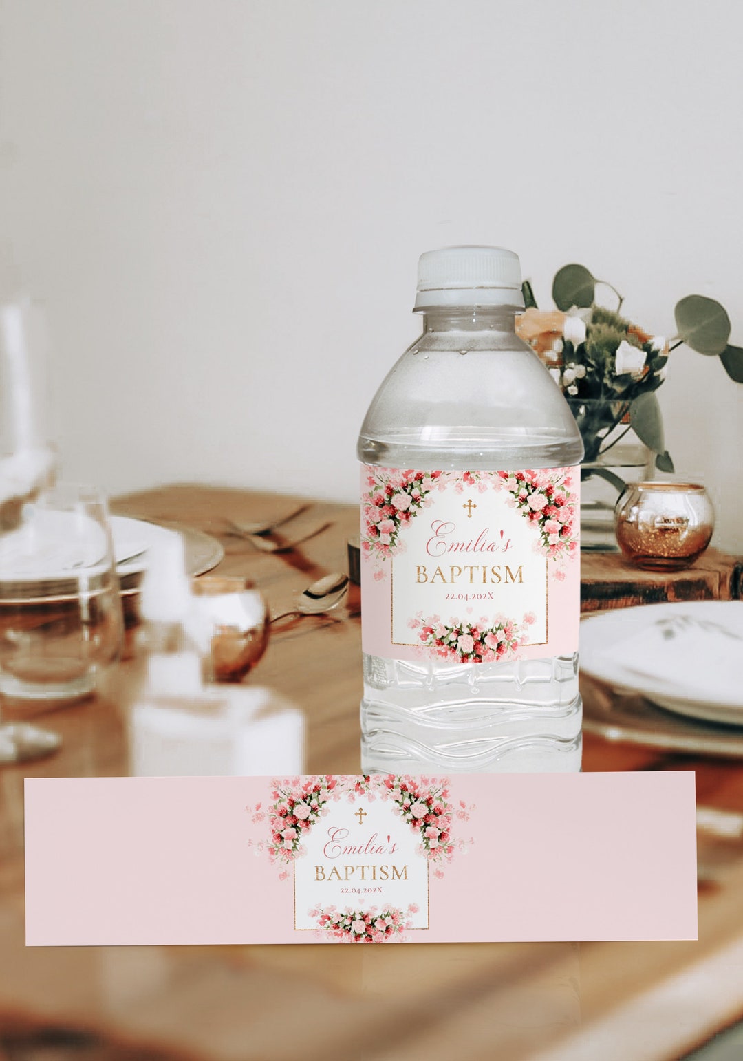 Pink Gold Baptism Water Bottle Label Template Christening - Etsy