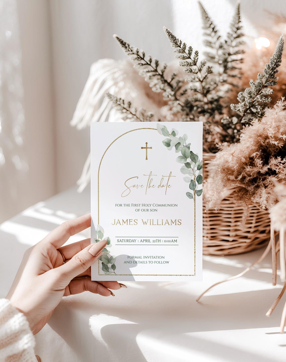 Green Gold Save the Date 1st Communion Invitation Printable, Eucalyptus ...