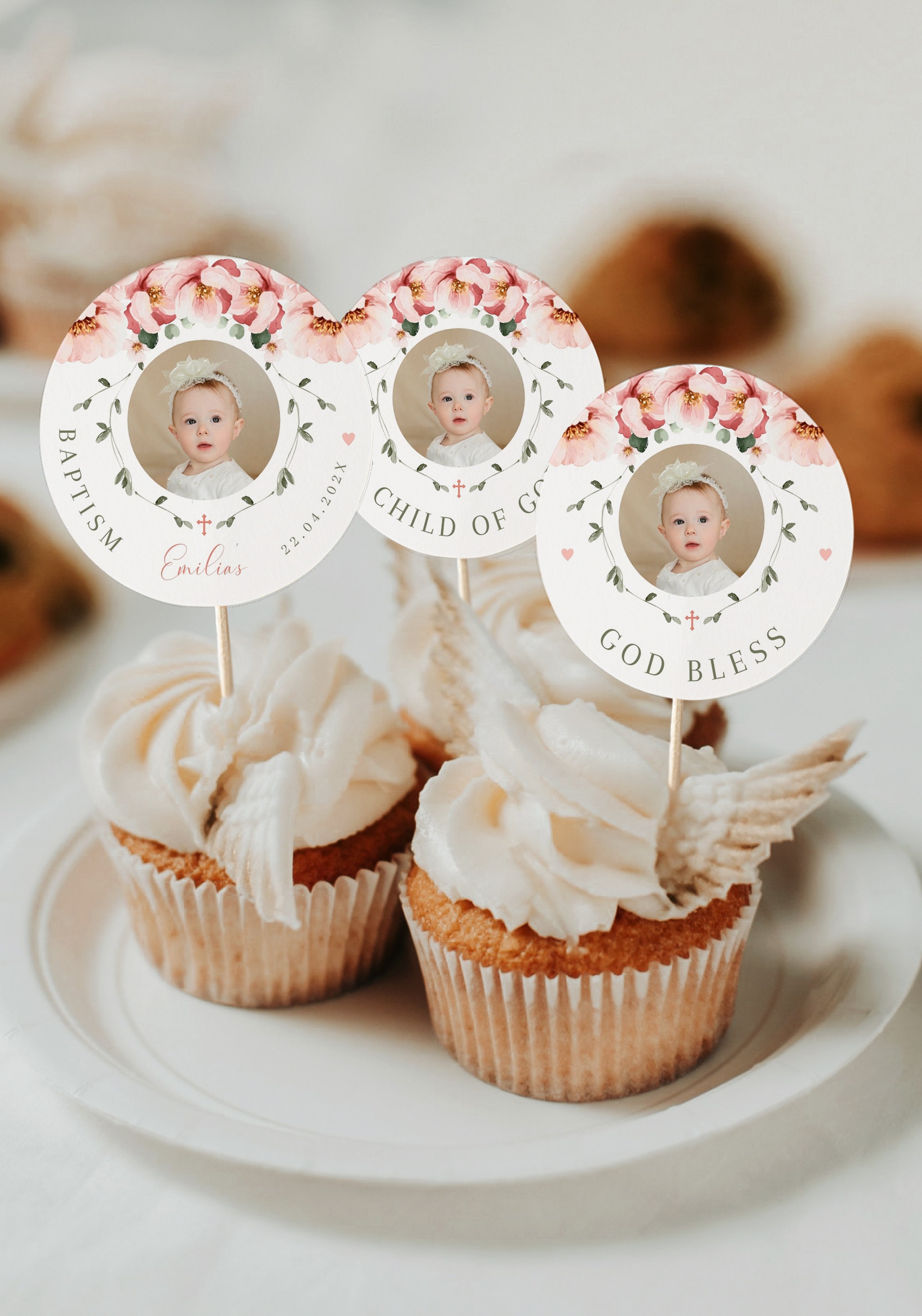 Round Cupcake Toppers Baptism Printable, Peony Flowers Baptism Topper ...