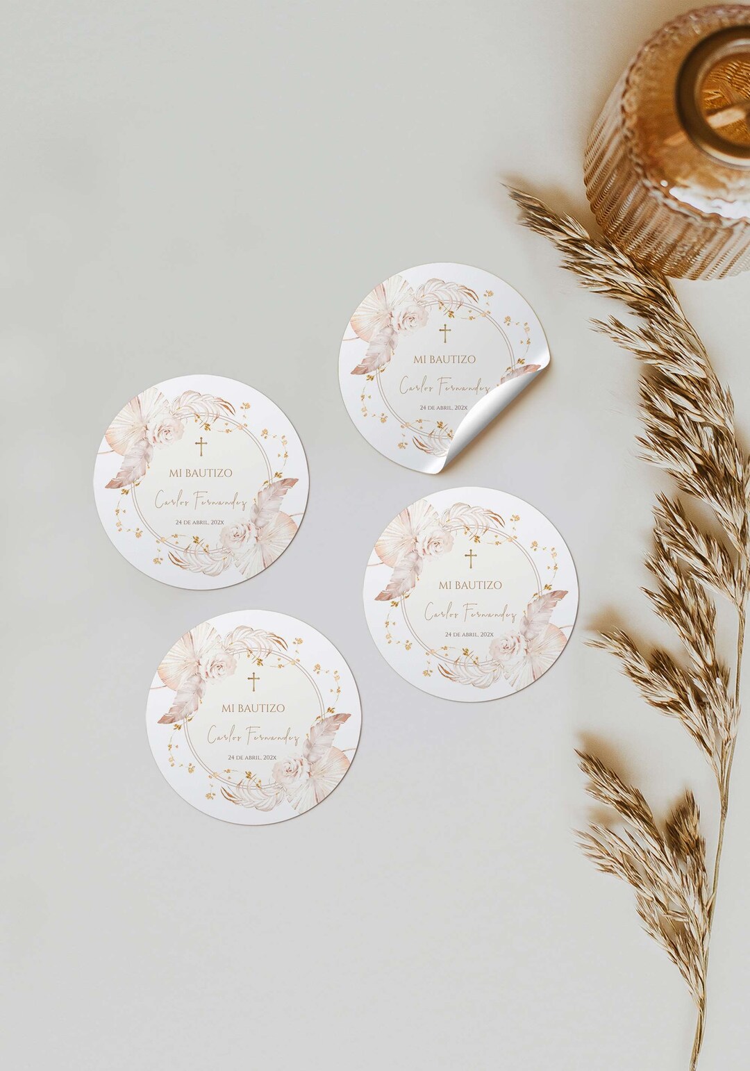 Boho Soft Pink Floral Baptism Thank You Sticker, Boy Girl Baptism Favor ...