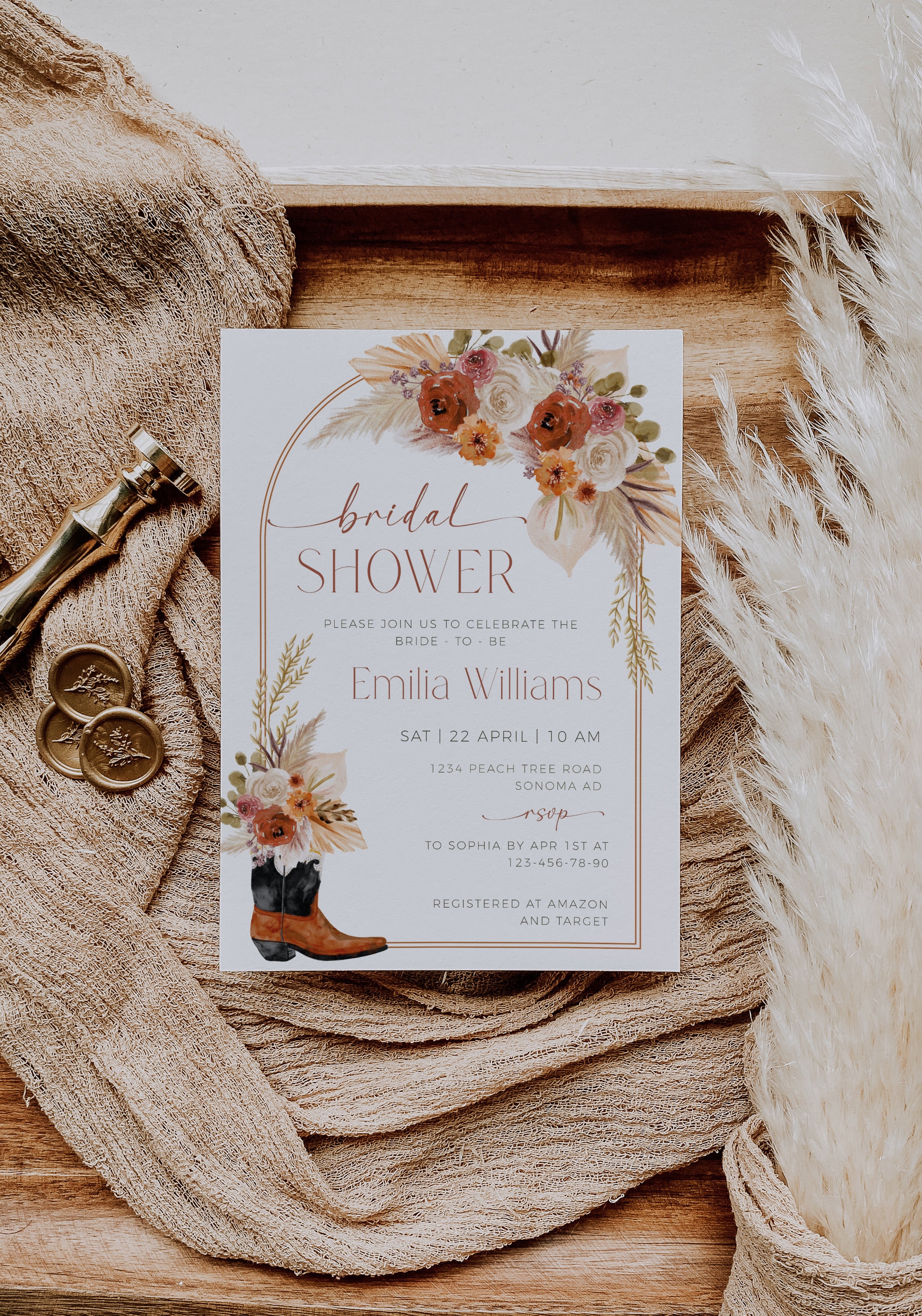 Boho Cowboy Boots and Floral Bridal Shower Invitation Printable ...