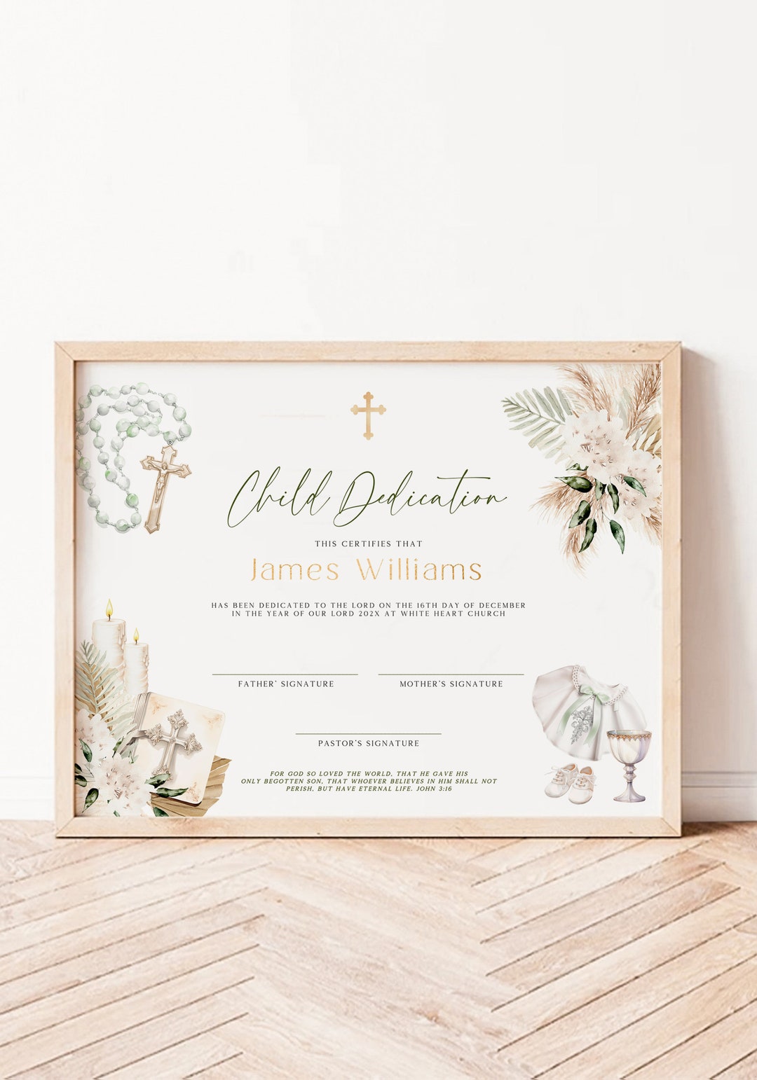 Child Dedication Certificate for Boy Template, Boho Flowers & Pampas ...