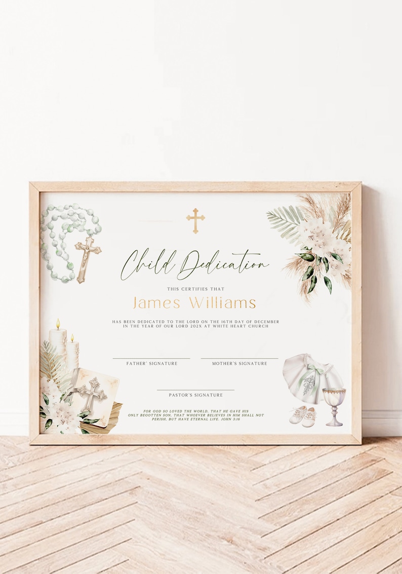 Child Dedication Certificate Template, Neutral Green Beige Colors ...