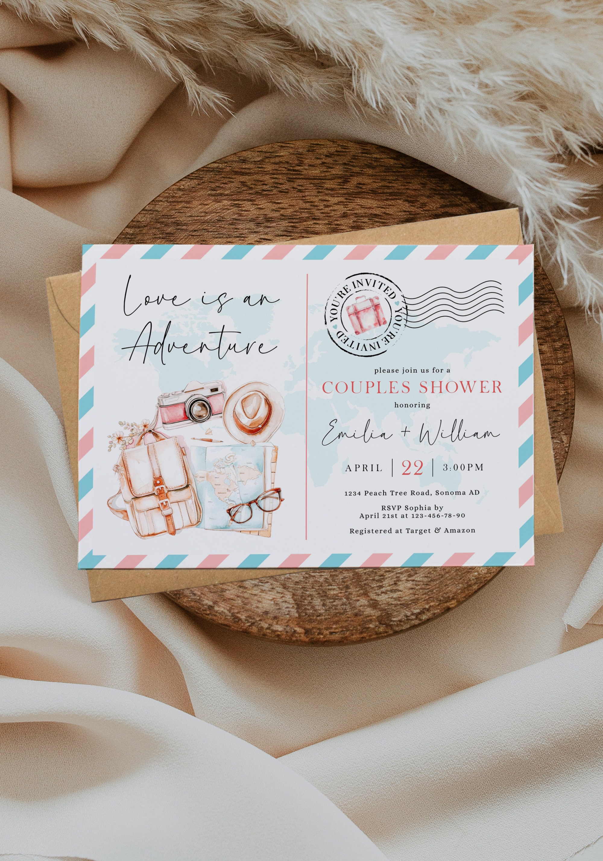 Love is an Adventure Couples Shower Invite, Travel Postcard Bridal ...