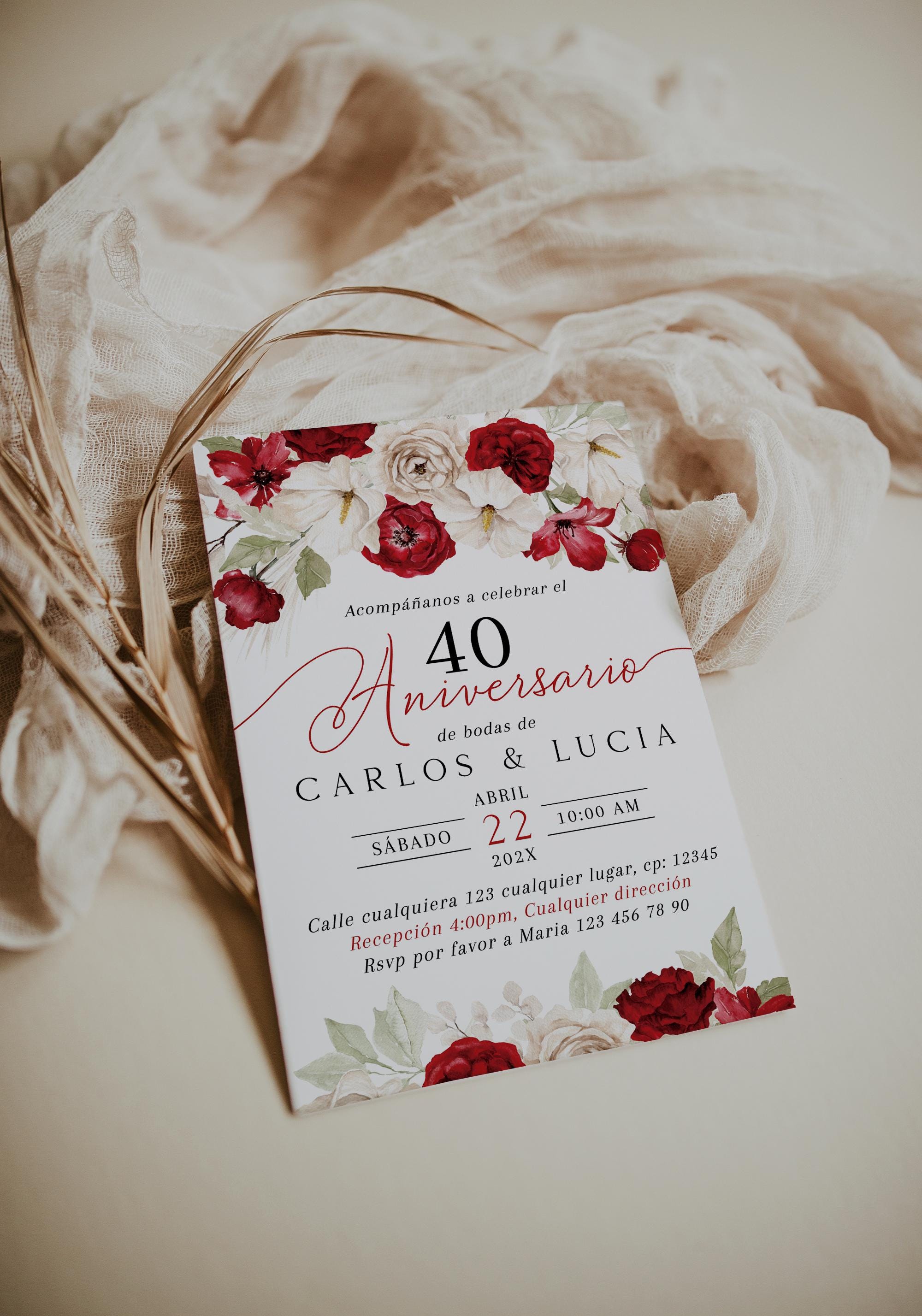Modern 40th Wedding Anniversary Invite Spanish Template With Ruby White Wildflowers, Invitación ...