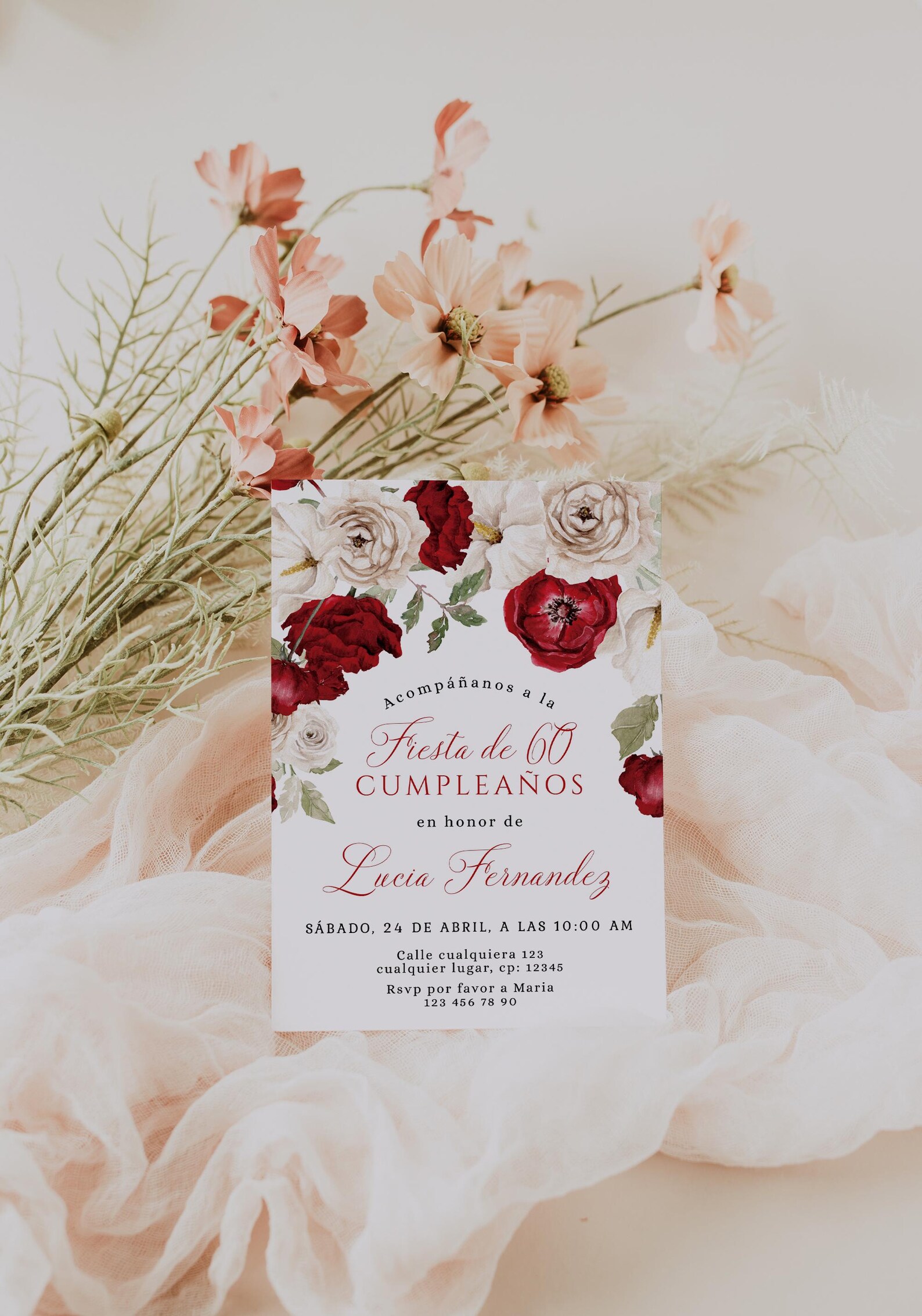 Adult 60th Birthday Party Invitation Spanish Printable, Boho Ruby White Wildflowers Bday Invite ...