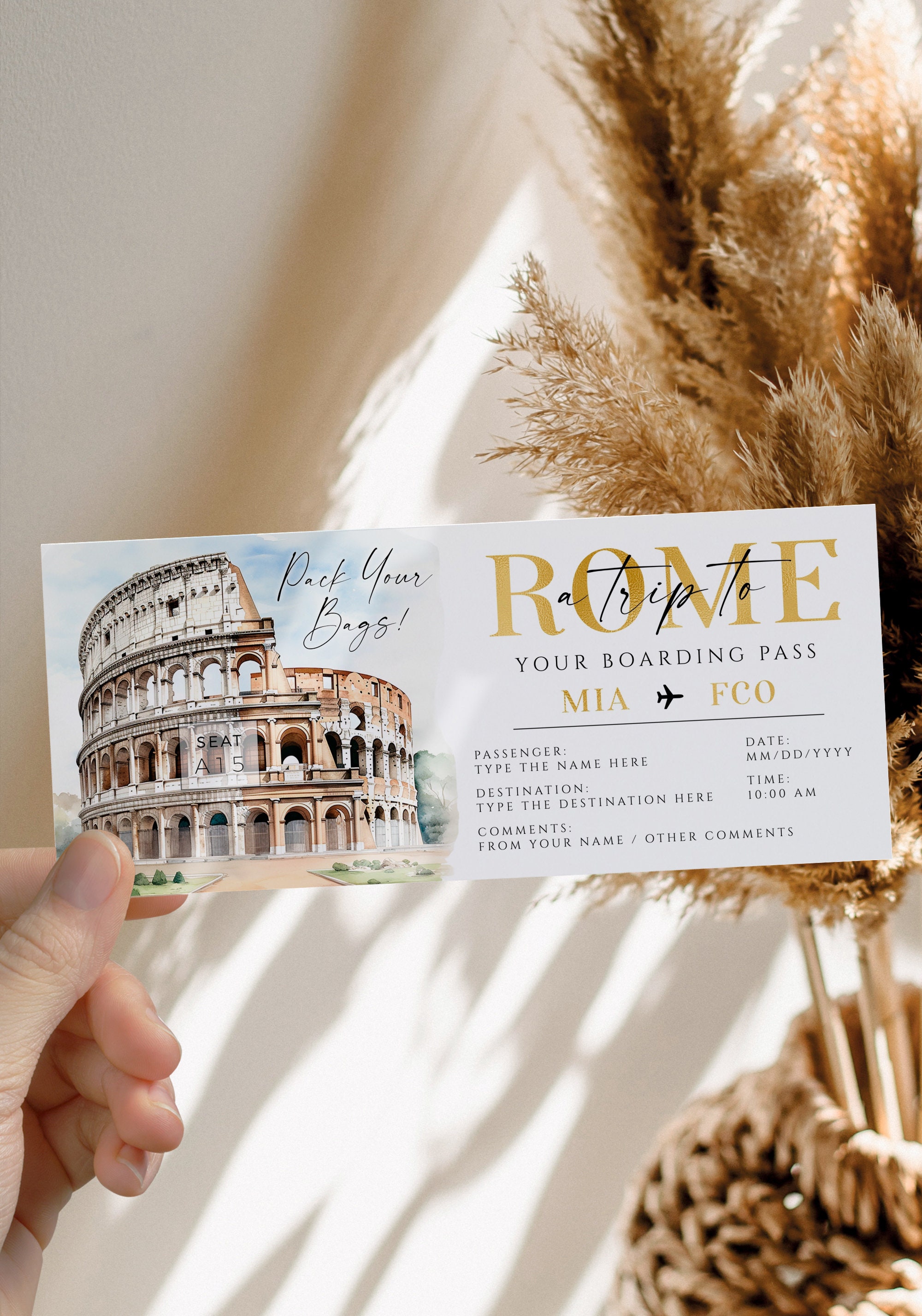 Surprise Trip Rome Ticket Template, Pack You Bagg to Rome, Travel Gift ...