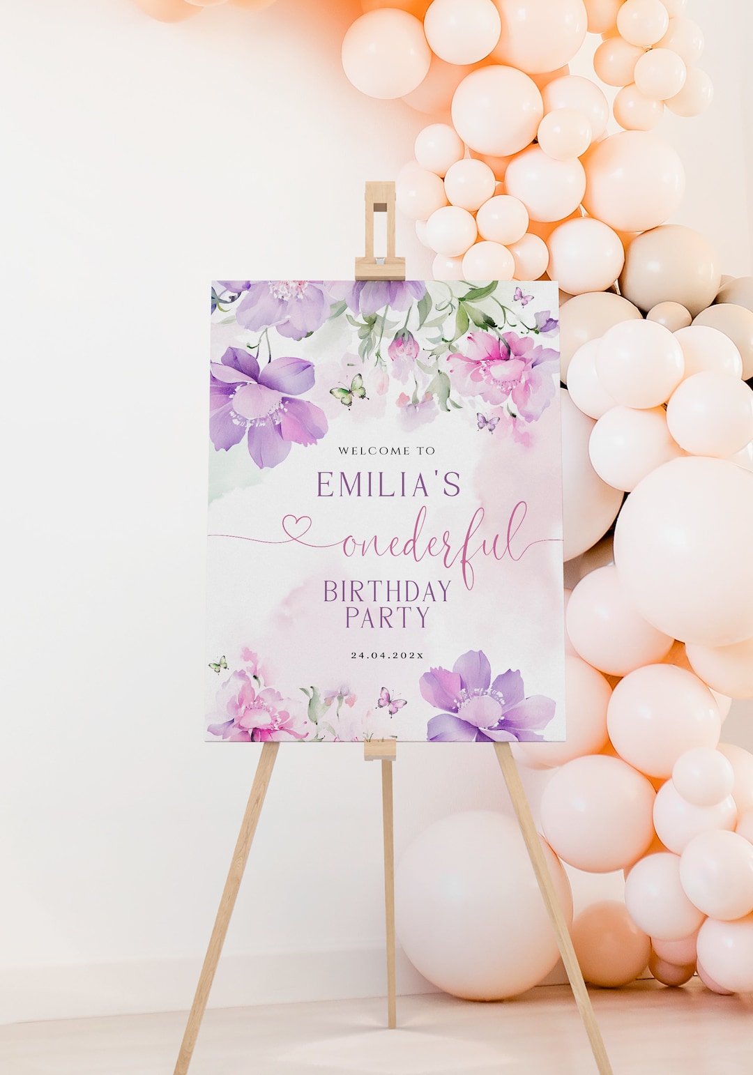 Little Miss Onederful Welcome Sign Template, Pink Lilac Wildflowers and ...