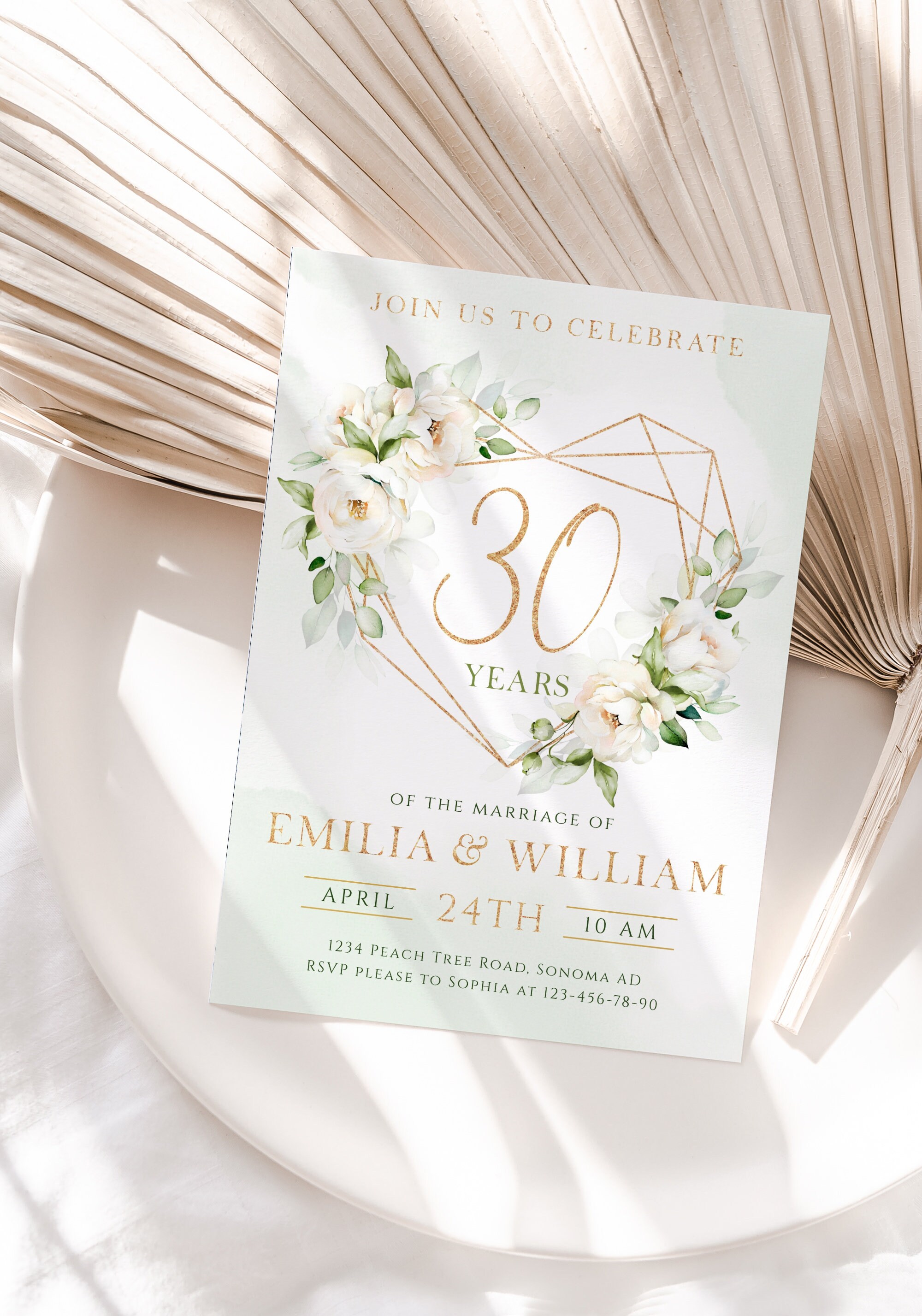 30th Wedding Anniversary Invitation Printable, Boho White Floral ...