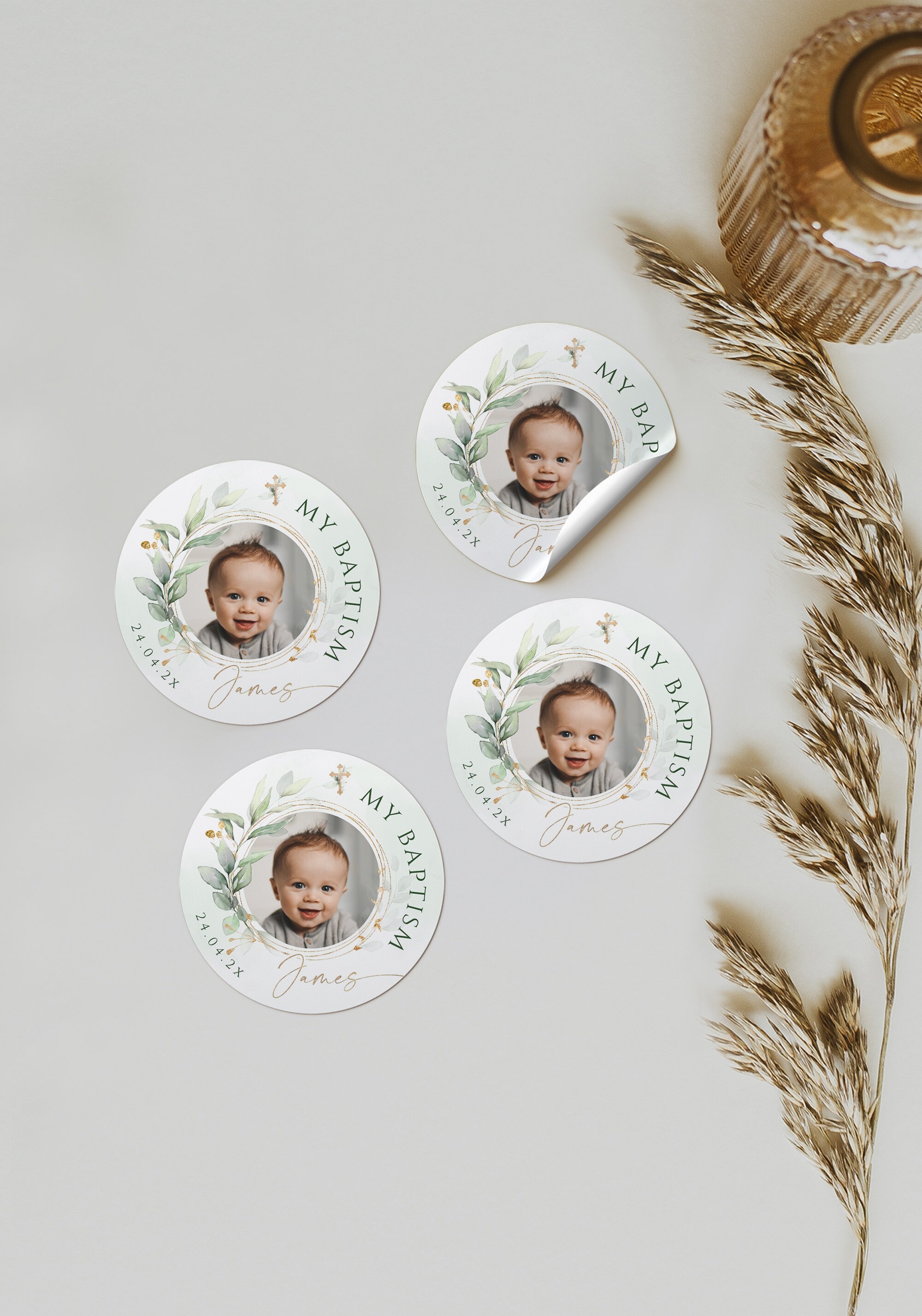 Green & Gold Cross Baptism Labels, Personalised Round Gender Neutral ...