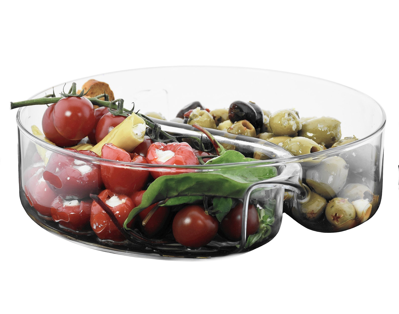 Round Clear Glass Snack Bowl Handcrafted, Two Sections, Compartments ...