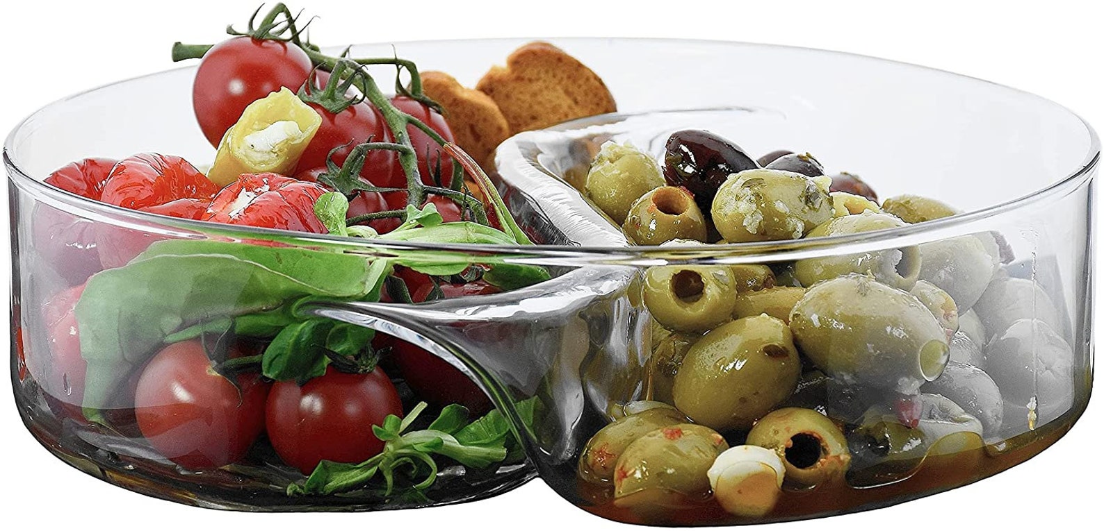 Round Clear Glass Snack Bowl Handcrafted, Two Sections, Compartments ...