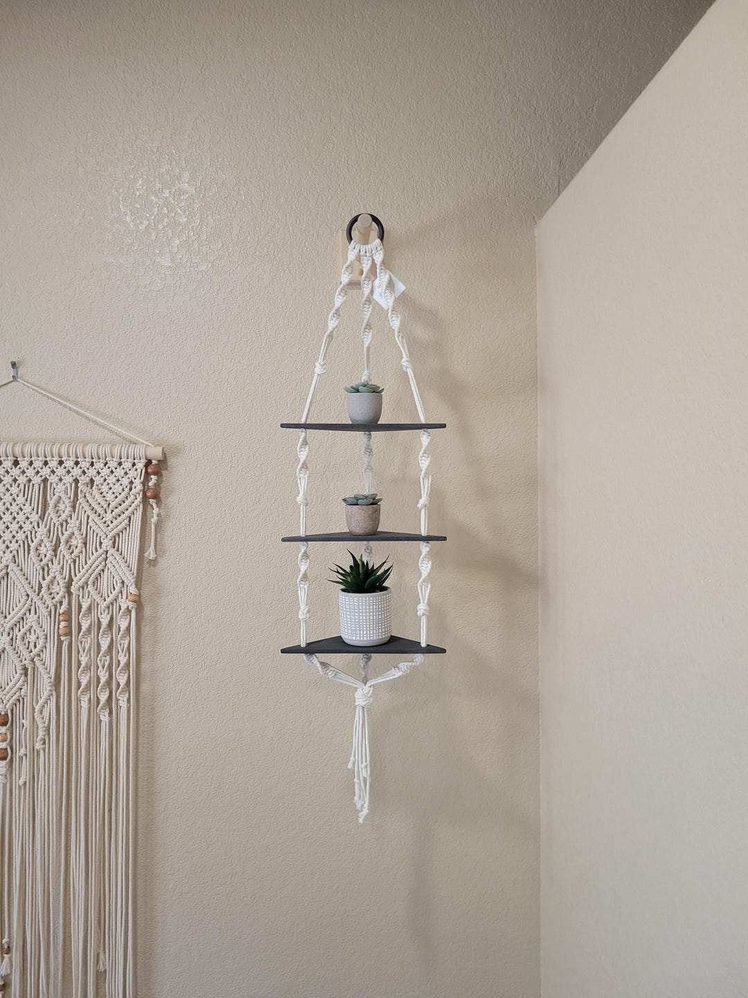 Hanging Macrame Corner Shelf, Petite Grey Wood With Natural Macrame ...