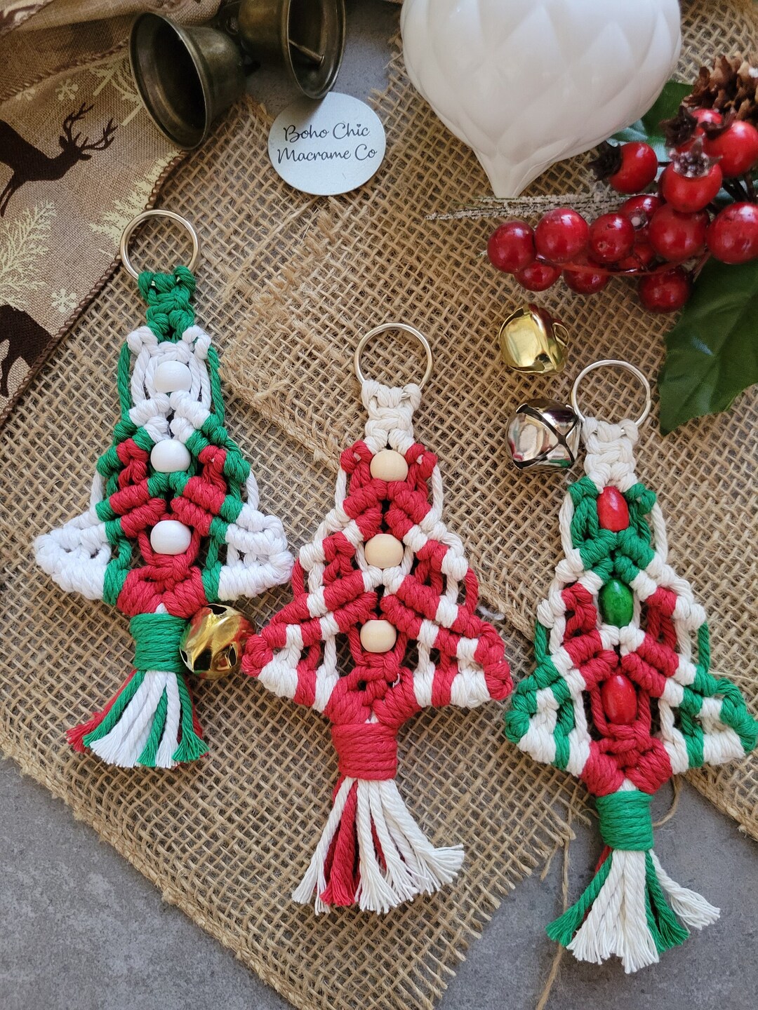 Macrame Christmas Tree Trio, 3 Ornaments, Macrame Ornaments, Coho ...