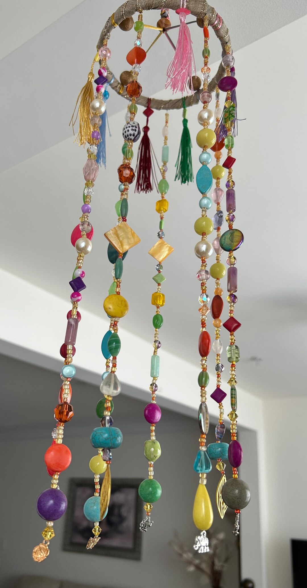 Beaded Circle Suncatcher Chandelier 5 Inch Wide and 20 Inches Long - Bright Colors in Variety of ...