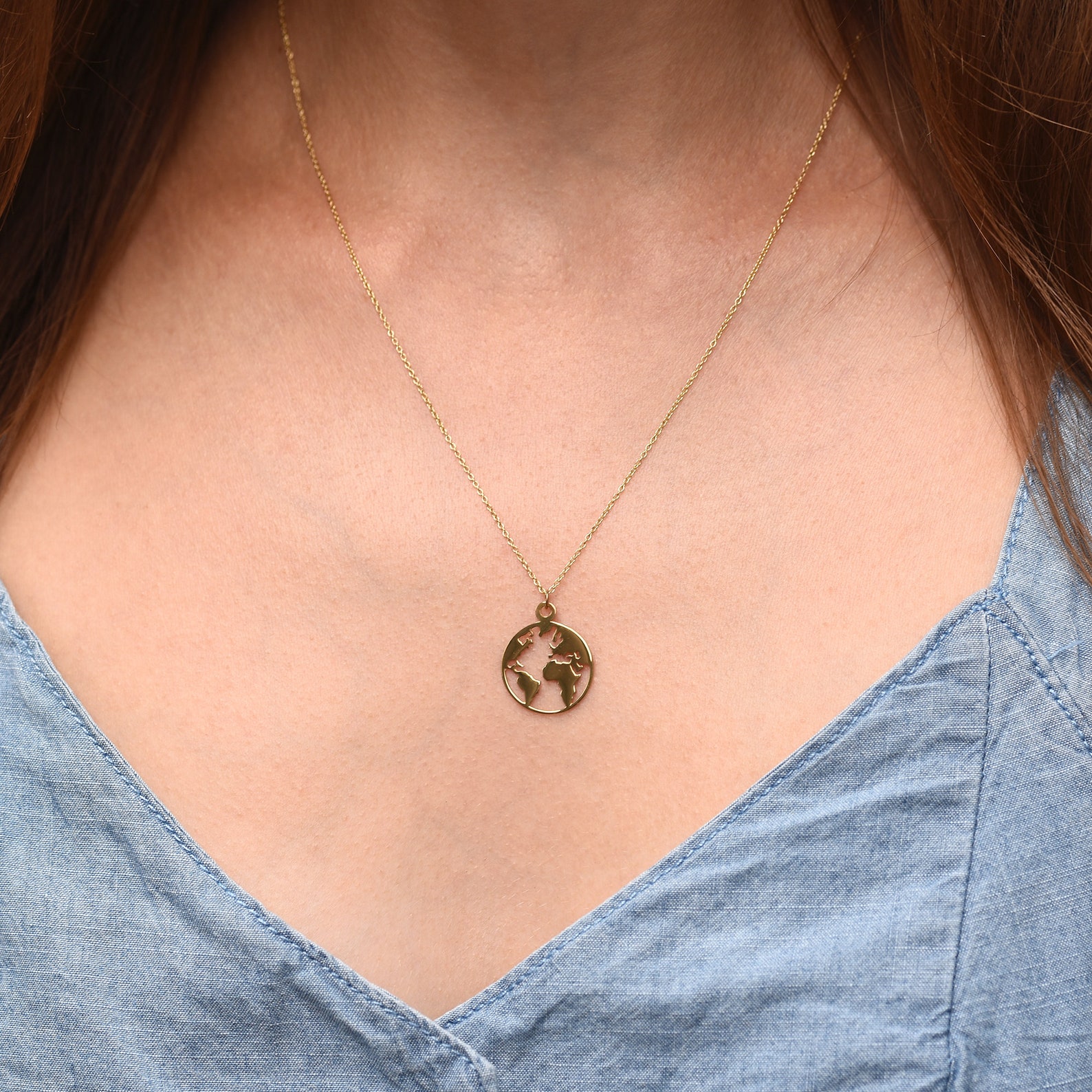 World Map Solid 14k Gold Necklace World Map Necklace for | Etsy