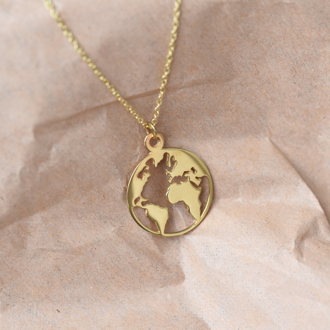 World Map Solid 14k Gold Necklace | World Map Necklace for Travelers ...