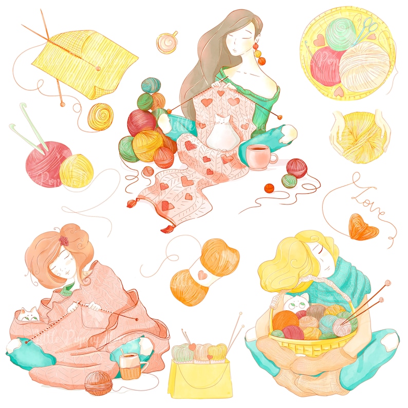 Cute Knit Lover Clip Art, Knitting Girl Clipart, Cozy Home Illustration, Planner Sticker ...