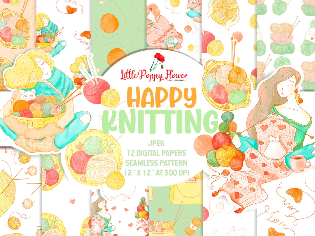 Cute Knit Lover Digital Papers, Knitting Collage, Seamless Patterns ...