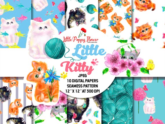 Cute Cat Digital Paper Scrapbook Backgrounds Kitty Patterns | Etsy