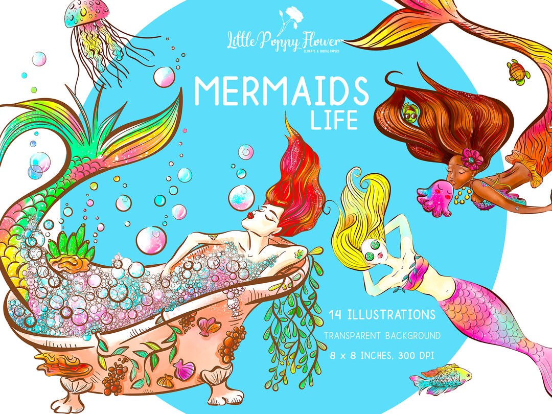 Mermaid Art Digital PNG Pack, Mermaid Invitation, Scrapbook Kit, Wall ...