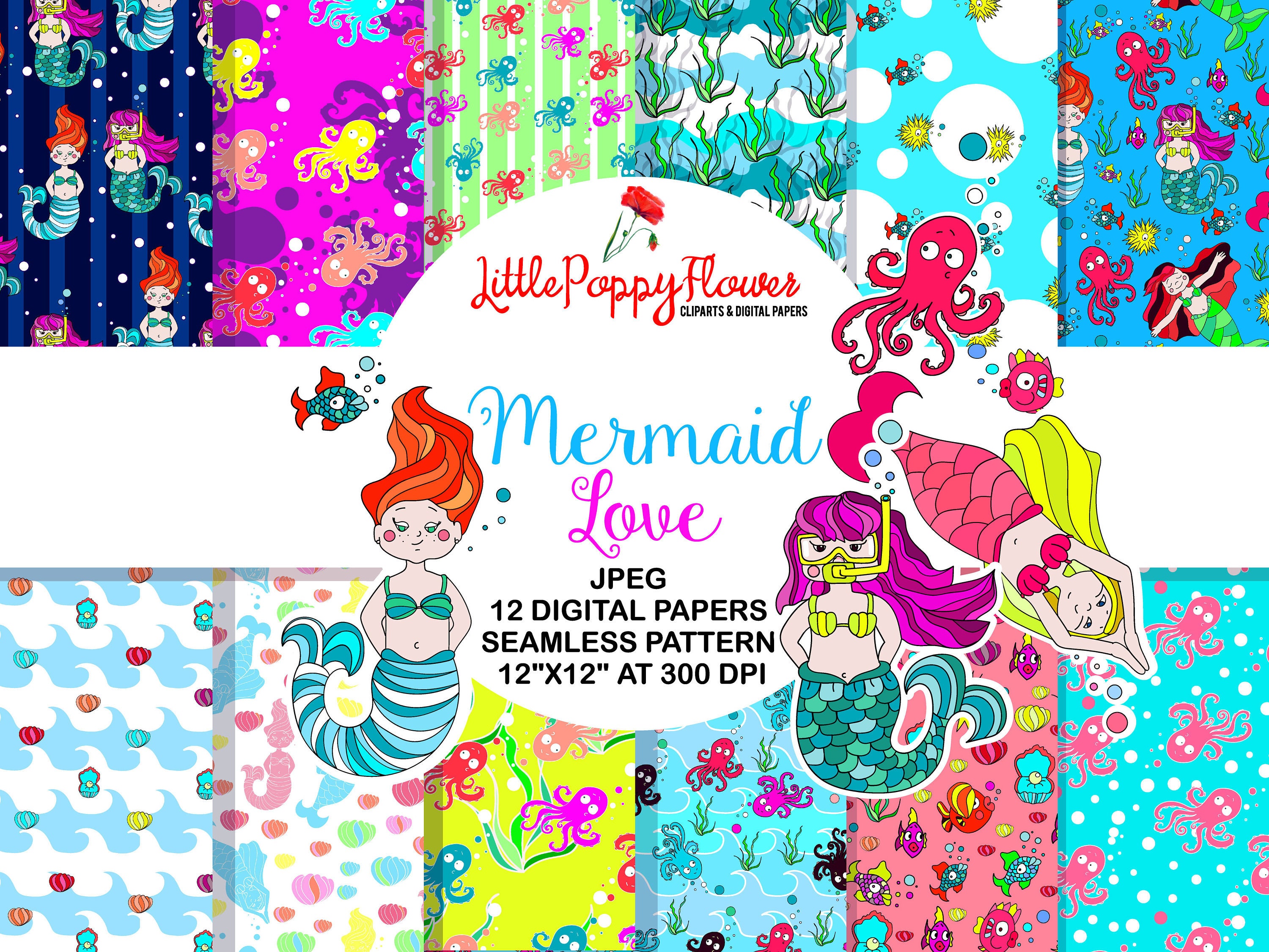 Mermaid digital paper pack, Scrapbook papers, scrapbooking kit, Digital ...