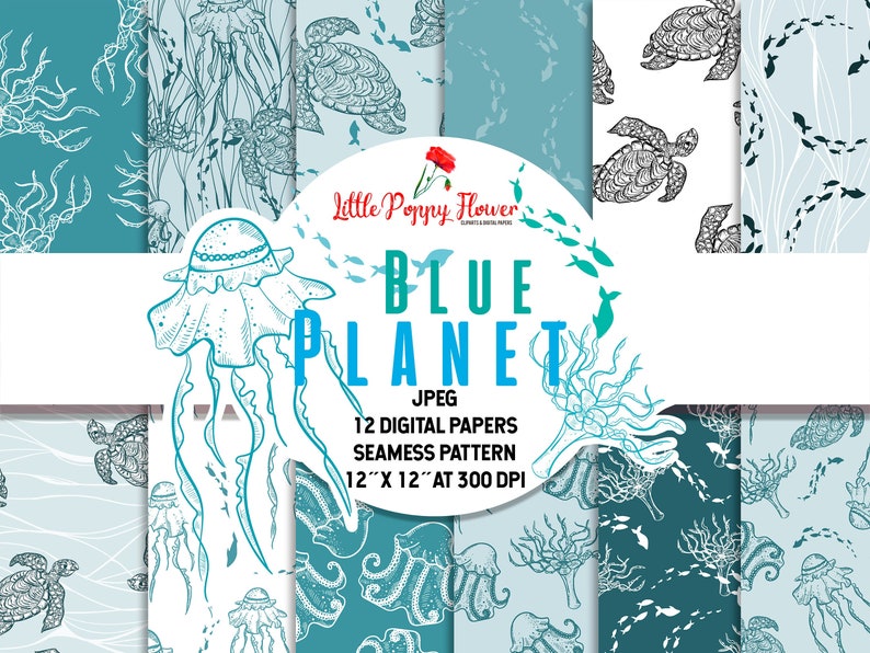 Watercolor Ocean Life Digital Paper Pack Sea Animals Instant Set ...