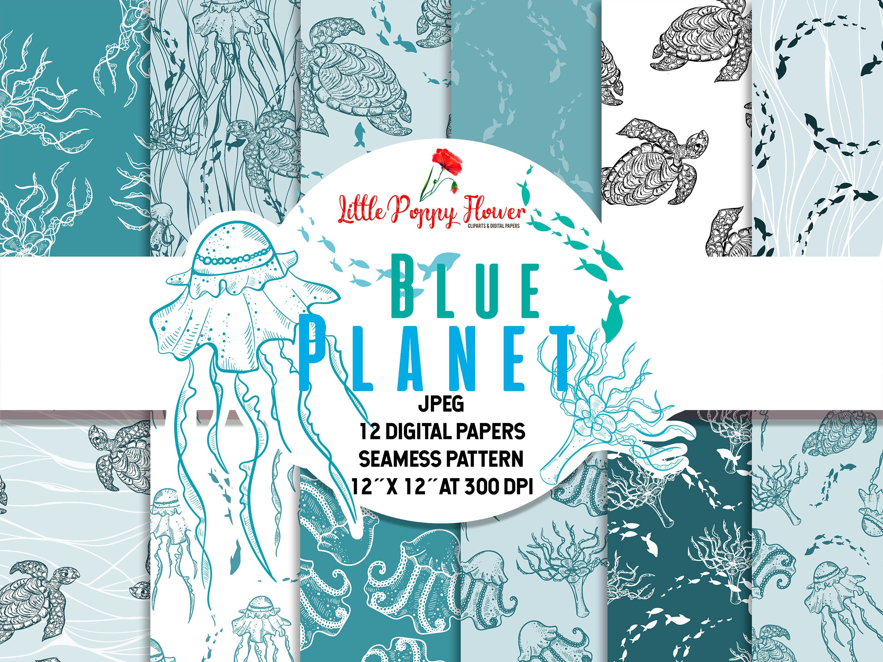 Watercolor Ocean Life Digital Paper Pack Sea Animals Instant - Etsy