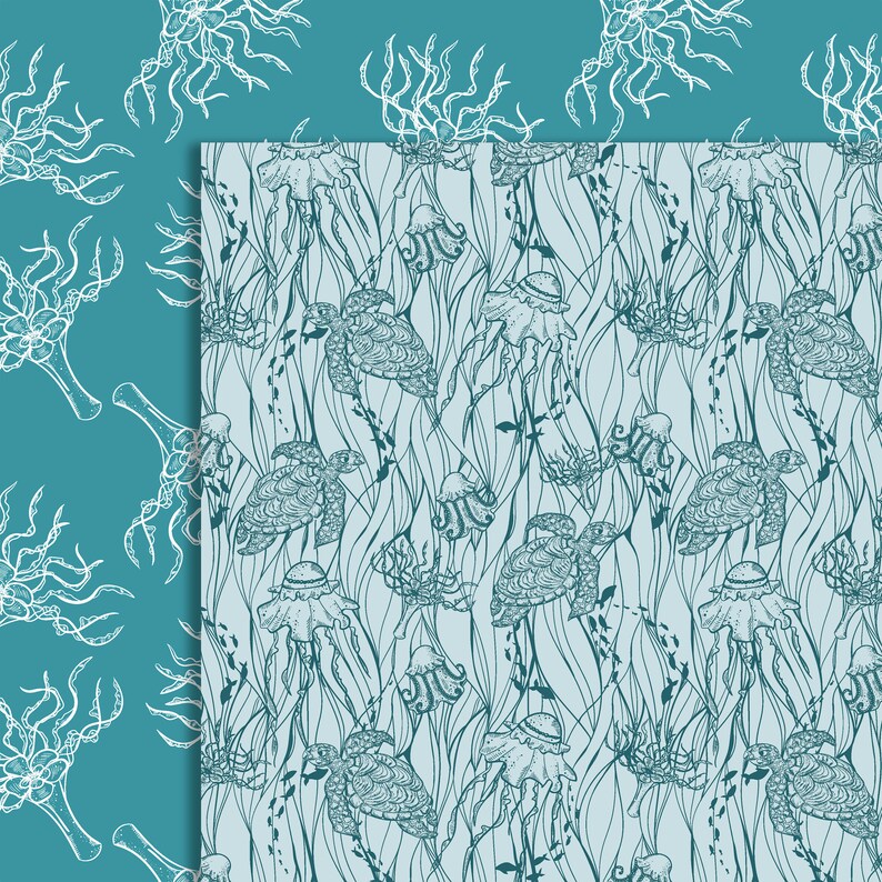 Watercolor Ocean Life Digital Paper Pack Sea Animals Instant Set ...