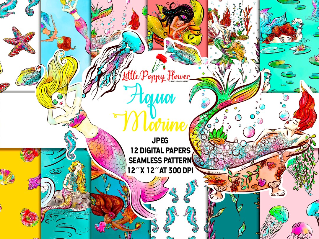 Mermaid Digital Paper Pack, Scrapbook Papers, Scrapbooking Kit, Digital ...