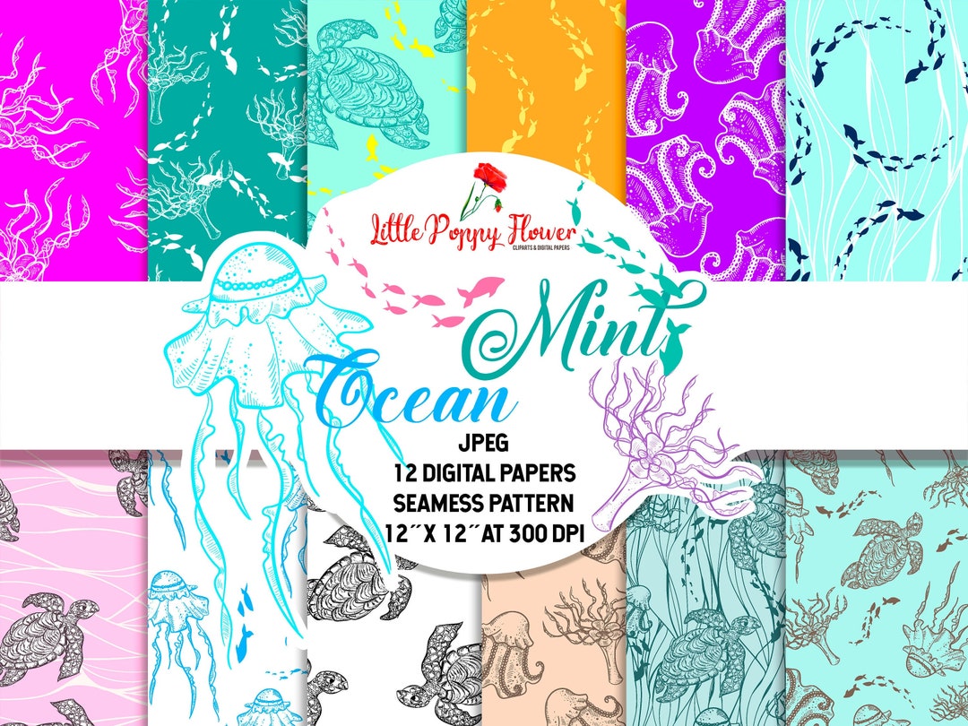 Mint Ocean Digital Paper Pack Sea Animals Papers Jellyfish Turtle ...