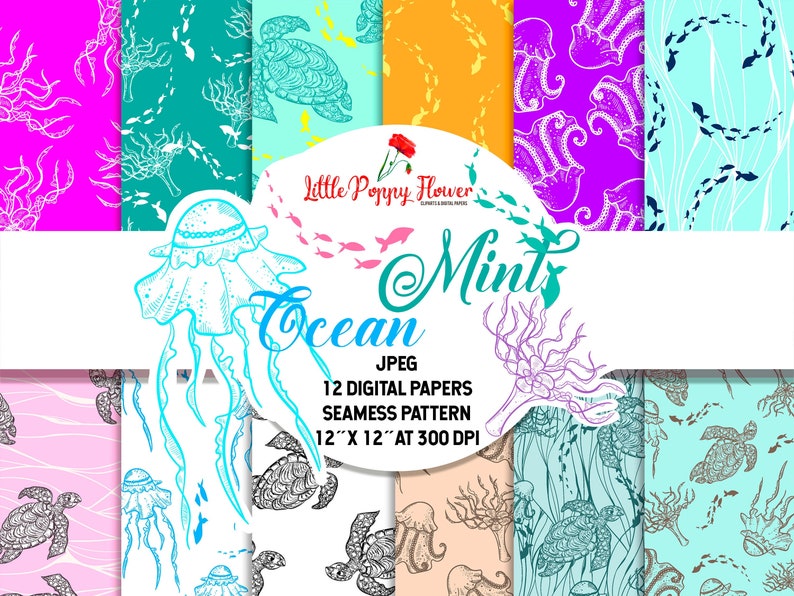 Mint Ocean Digital Paper Pack Sea Animals Papers Jellyfish Turtle ...