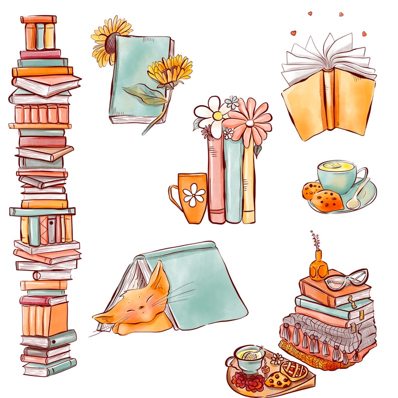 Booklover Clip Art, Bookworm Reading Girl Clipart, Cozy Home ...