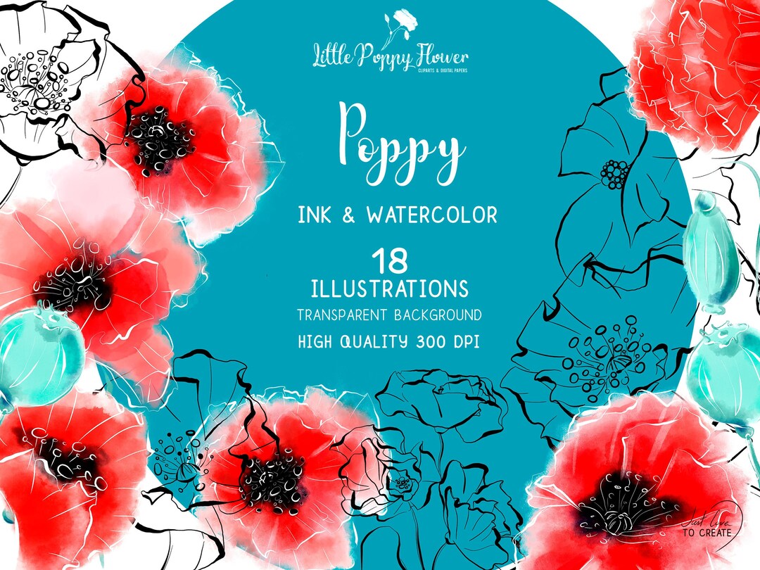 Watercolor Poppy Clipart Digital Pack, Red Poppy Sticker, Flower PNG ...