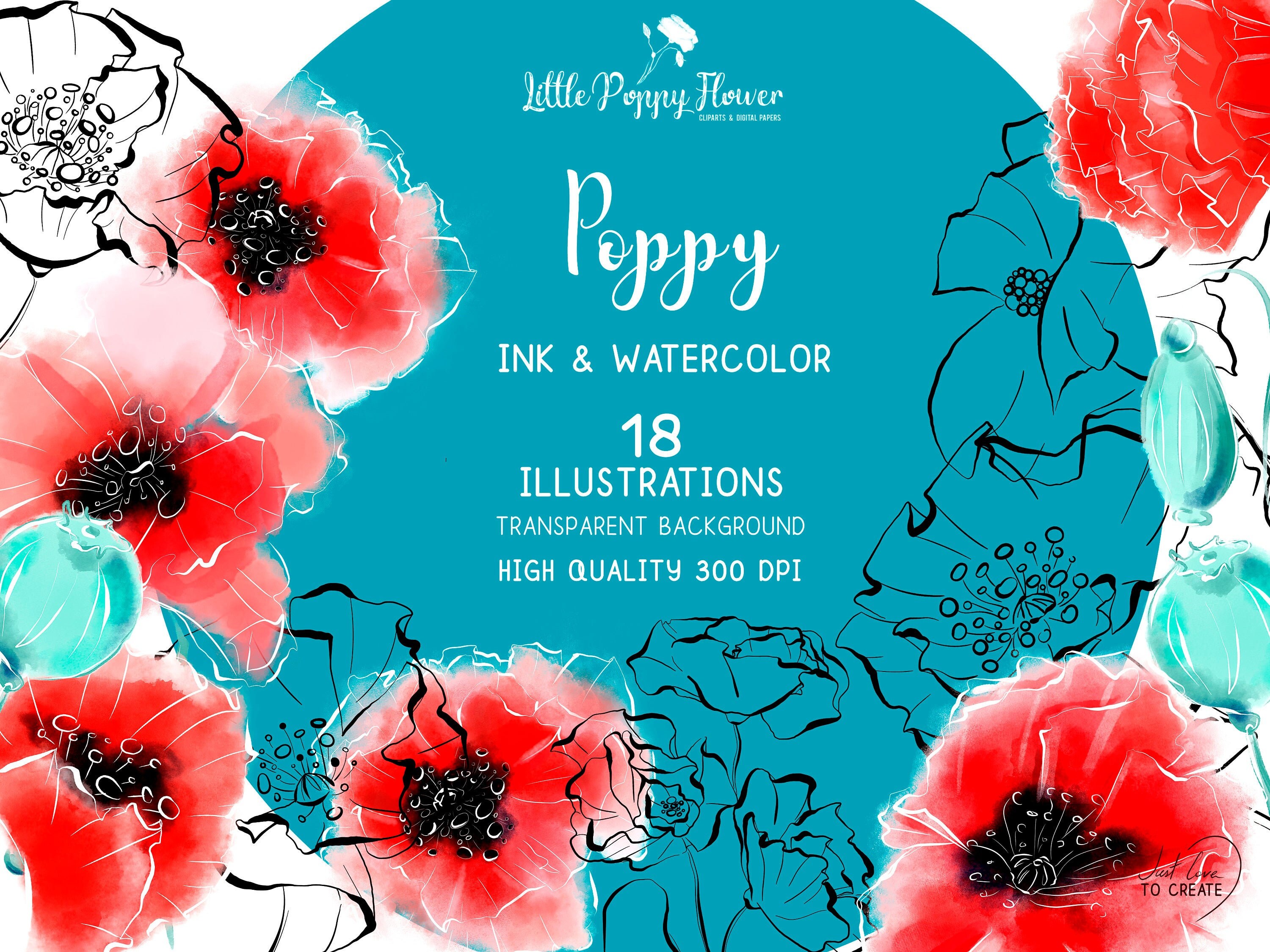 Watercolor Poppy Clipart Digital Pack, Red Poppy Sticker, Flower PNG ...