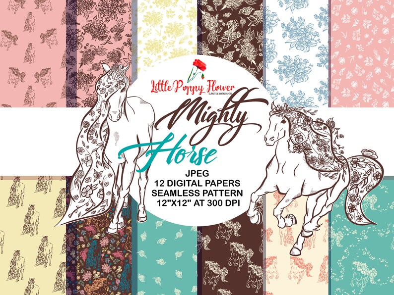 Vintage Horse and Flowers Digital Paper Pack, Scrapbook Papers ...