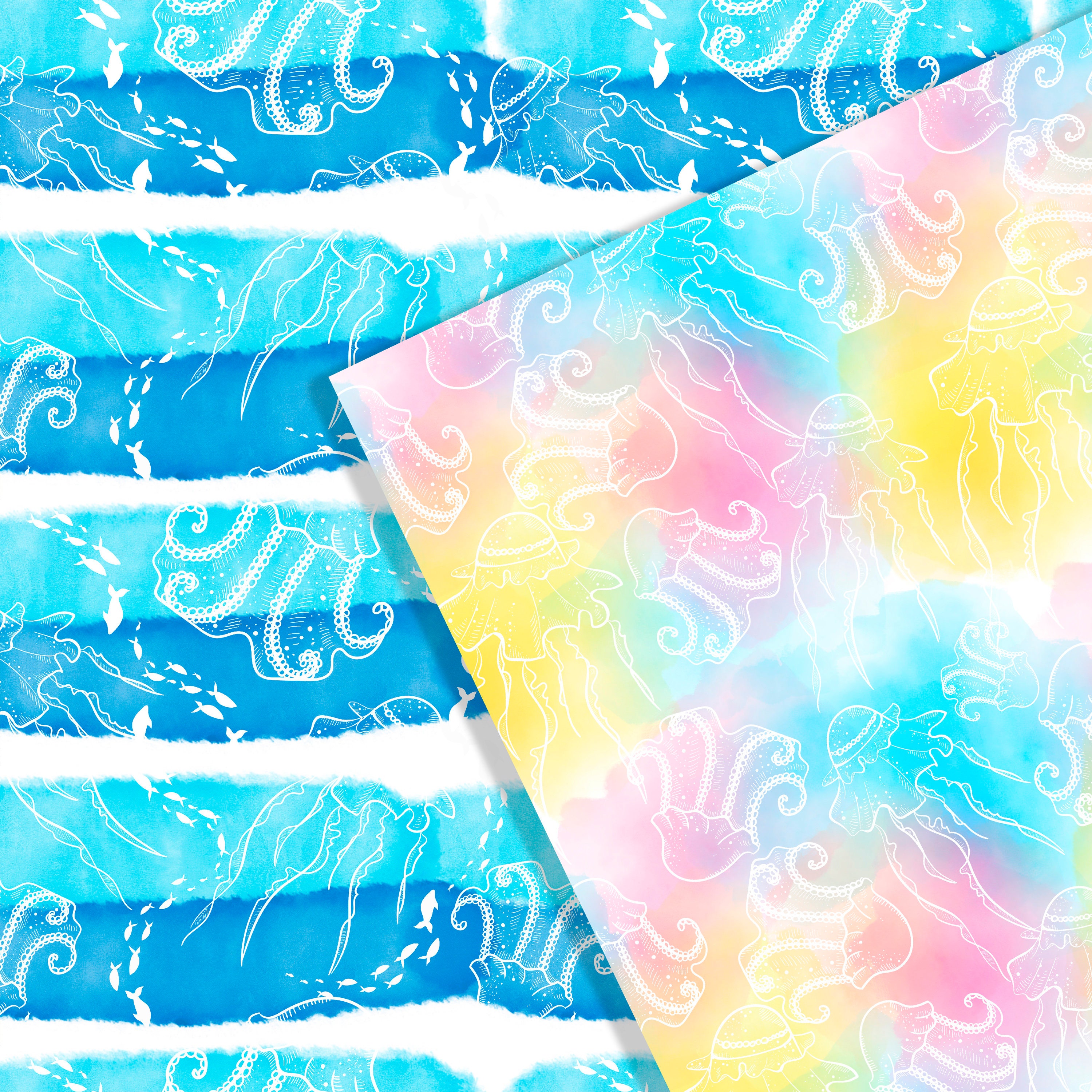 Digital Paper Pack Watercolor Ocean Sea Animals Papers Jellyfish Turtle ...