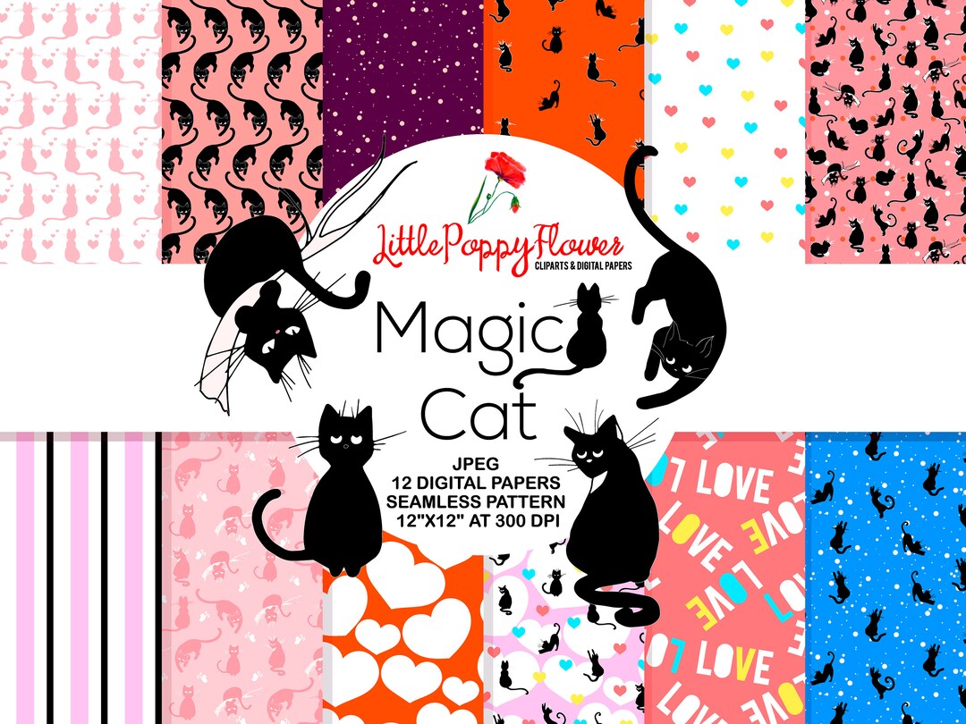 Magic Cat Digital Paper Pack, Scrapbook Background, Kitty Patterns ...