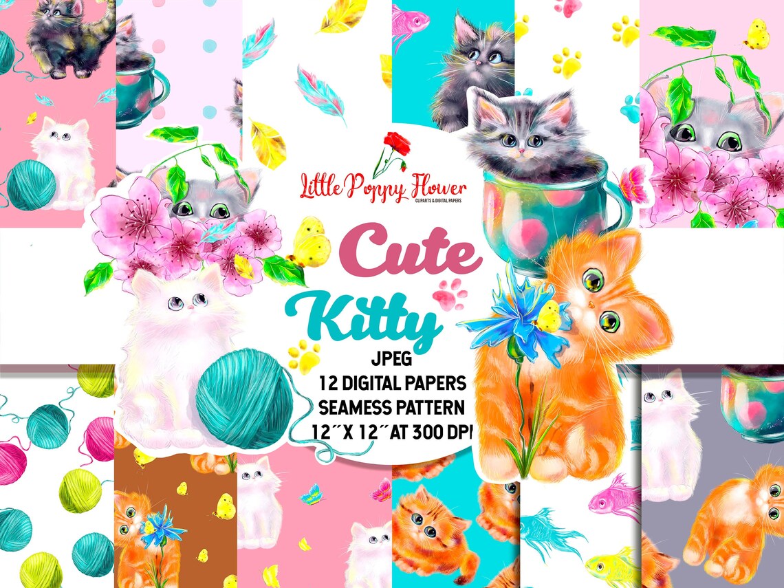 Cute Kittens Digital Paper Pack, Scrapbook Papers, Cat Scrapbook, Pet ...
