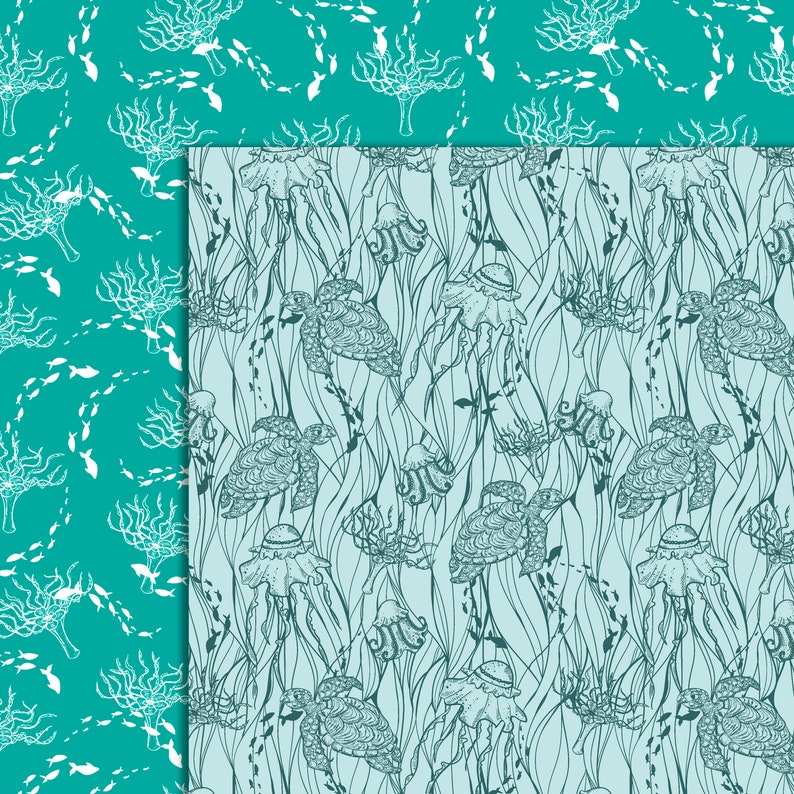 Mint Ocean Digital Paper Pack Sea Animals Papers Jellyfish Turtle ...