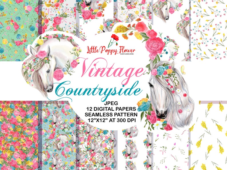 Vintage Horse Digital Paper Pack: Scrapbook Papers Scrapbooking Kit ...