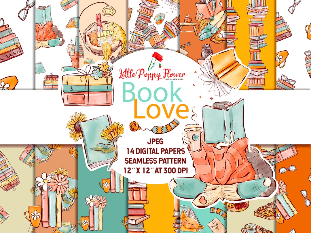 Booklover Digital Papers, Books Collage, Seamless Patterns, Reading ...