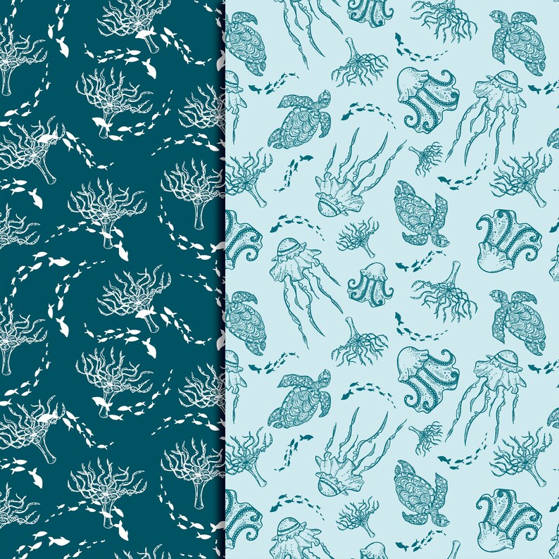 Watercolor Ocean Life Digital Paper Pack Sea Animals Instant Set ...