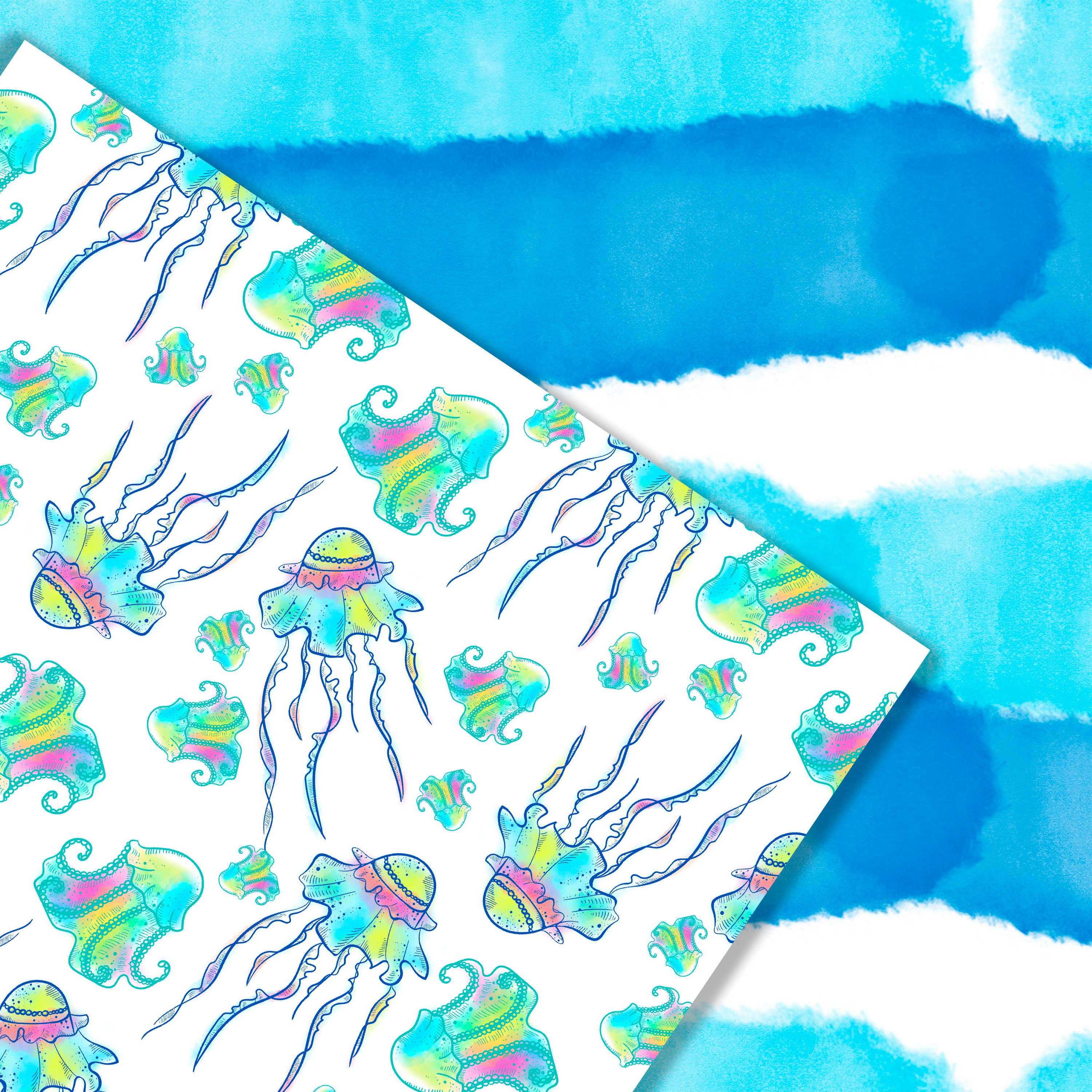 Digital Paper Pack Watercolor Ocean Sea Animals Papers Jellyfish Turtle ...